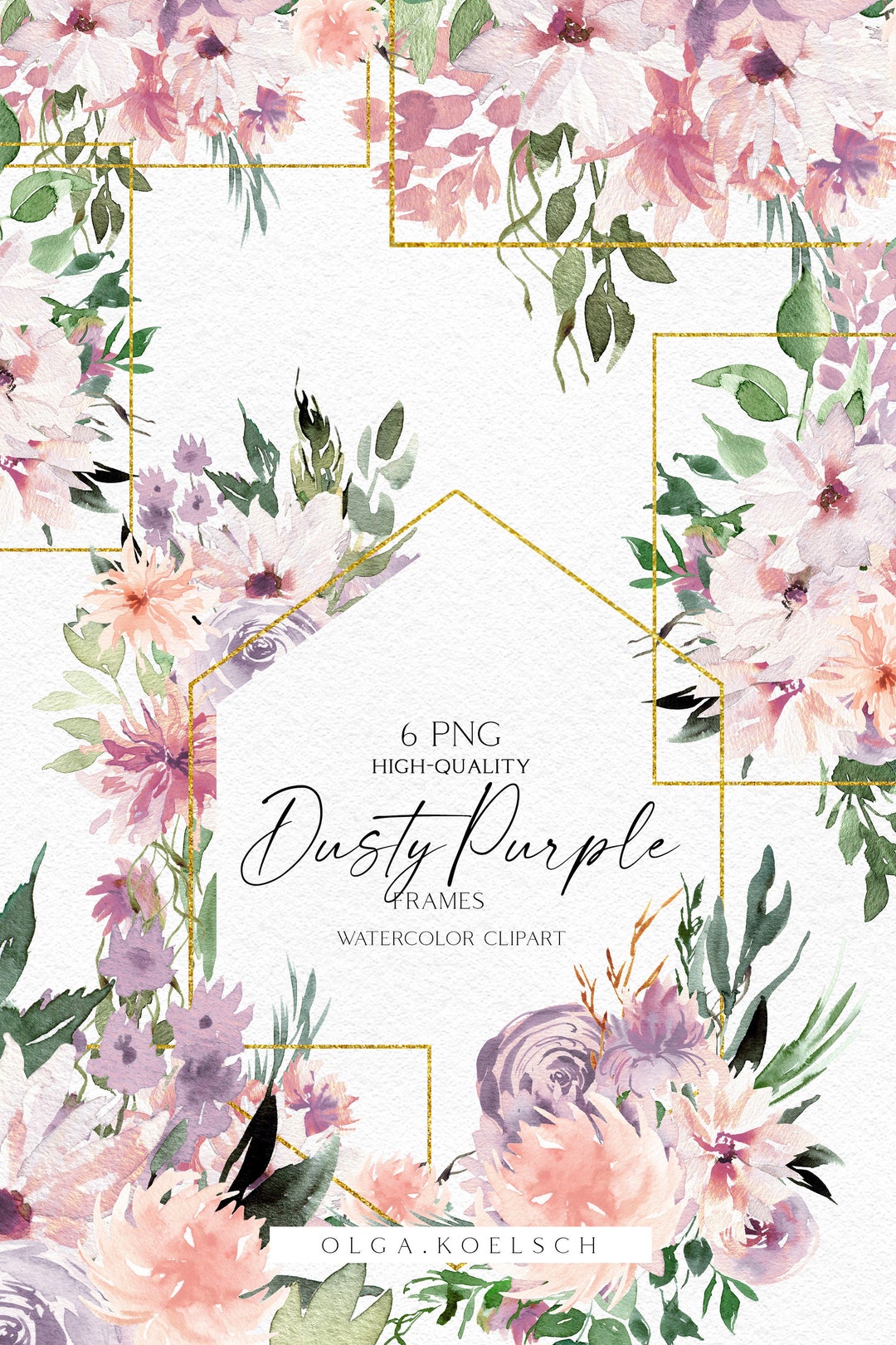 Dusty Purple Boho Frames Clipart, Watercolor Peach and Purple Floral ...