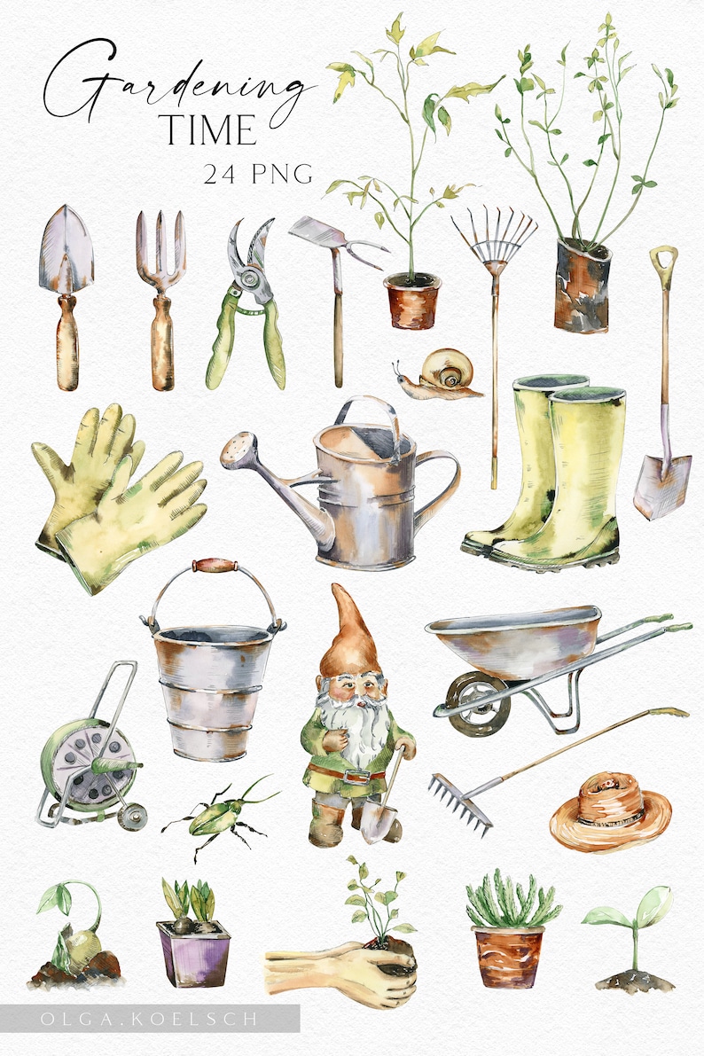 Watercolor Gardening Clipart, Hand-painted Garden Tools Png, Gardening ...