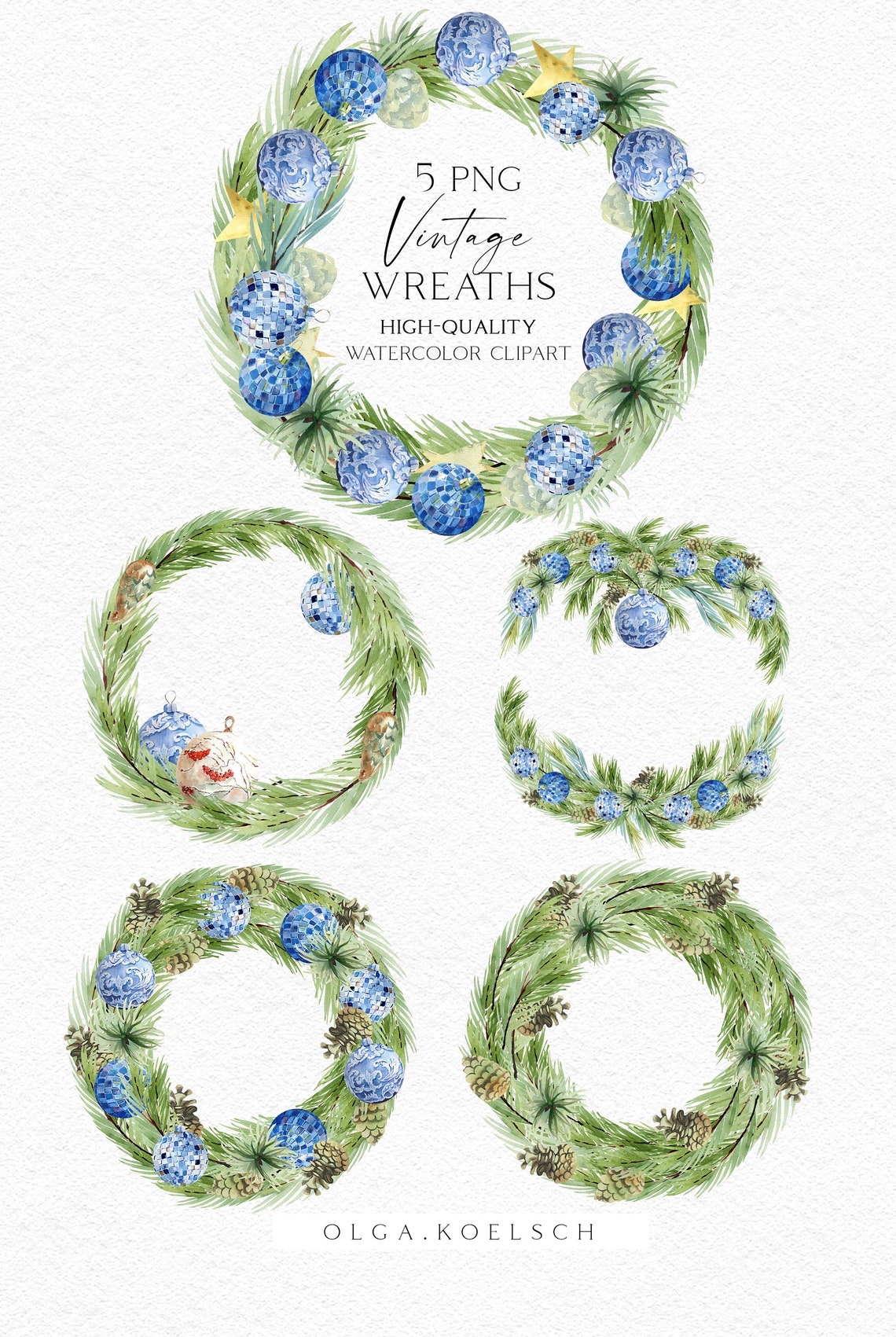 Christmas Wreath Clipart Watercolour Vintage Blue Christmas | Etsy