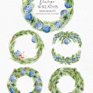 Christmas Wreath Clipart, Watercolour Vintage Blue Christmas Decor Png ...