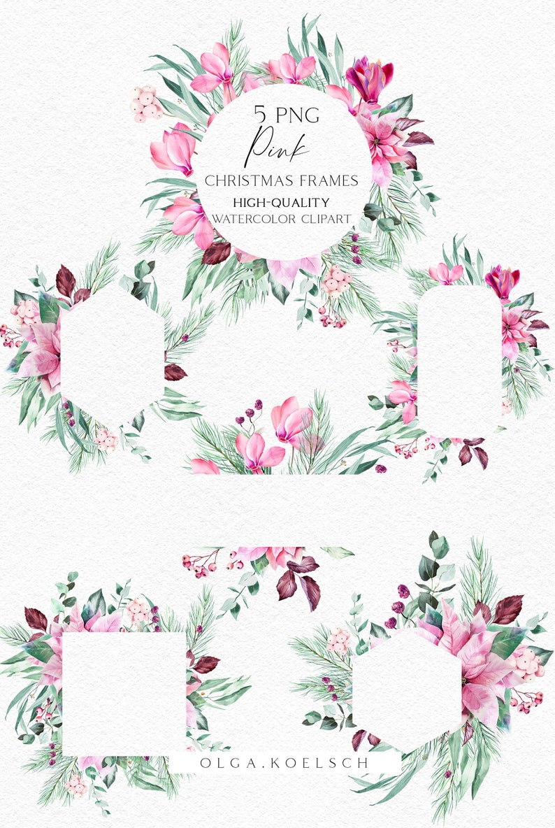 Watercolor Pink Christmas Frames Clipart, Pink Poinsettia Eucalyptus ...