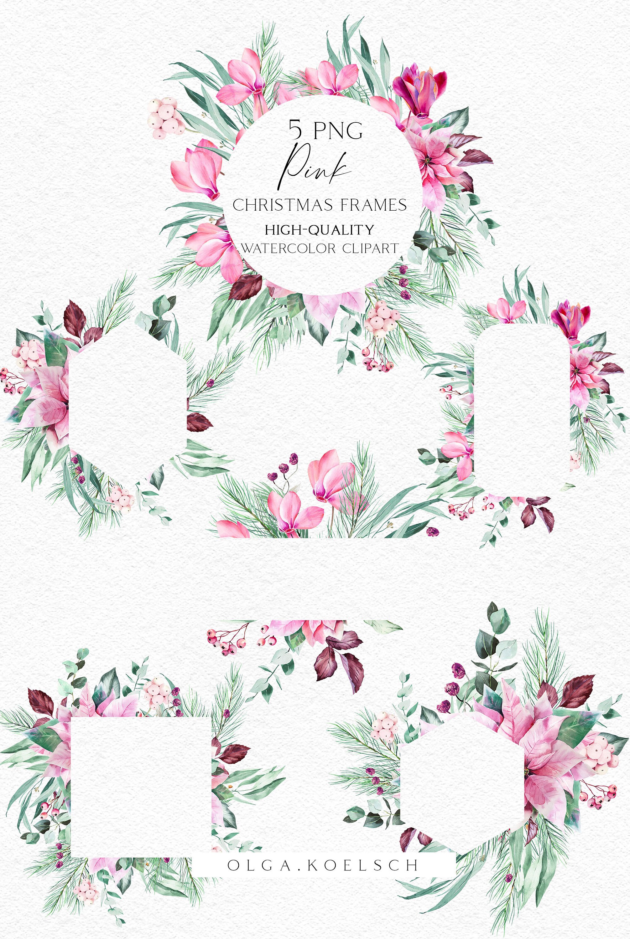 Watercolor Pink Christmas Frames Clipart Pink Poinsettia | Etsy