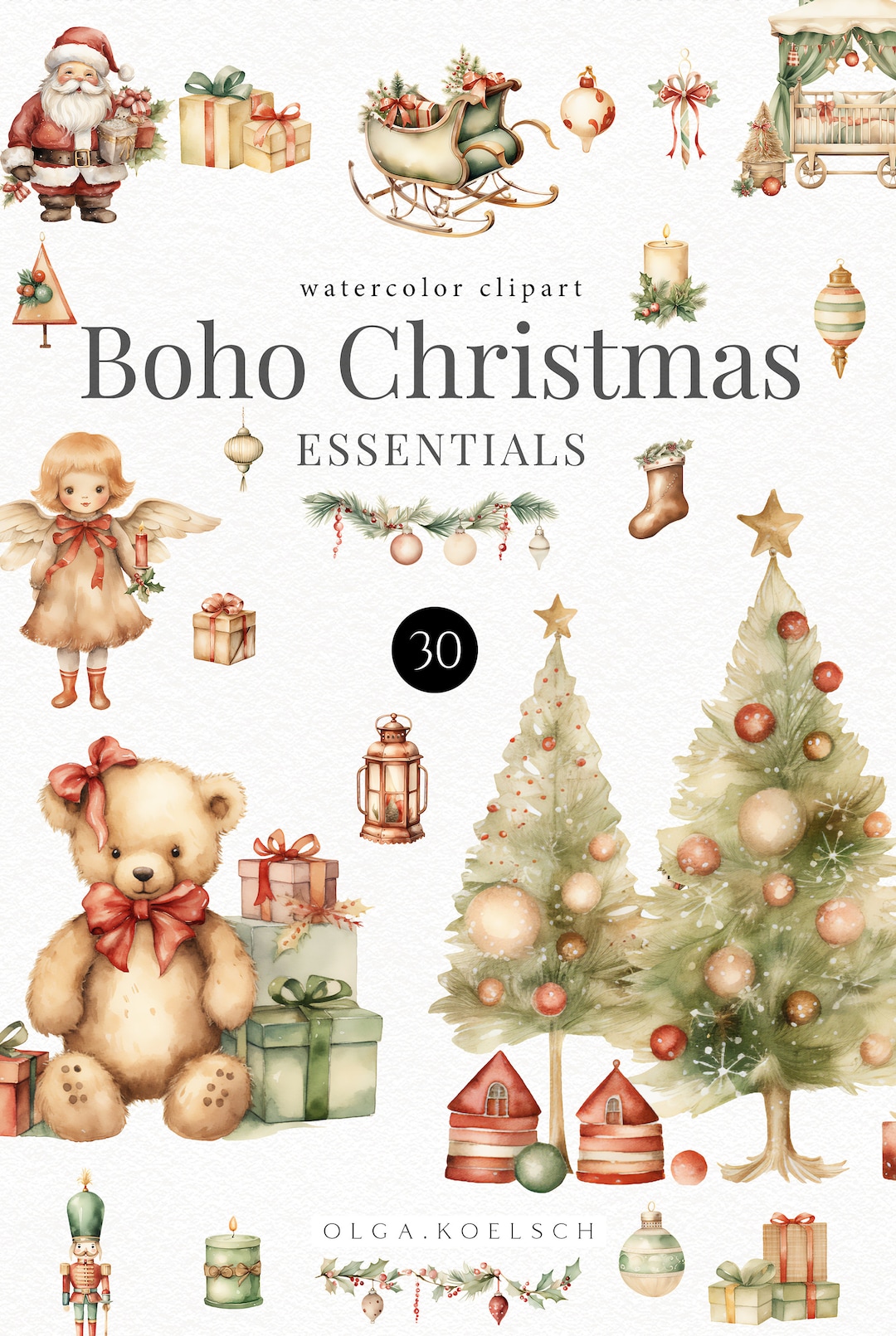 Watercolor Boho Christmas Clipart With Vintage Toys, Santa, Nutcracker ...