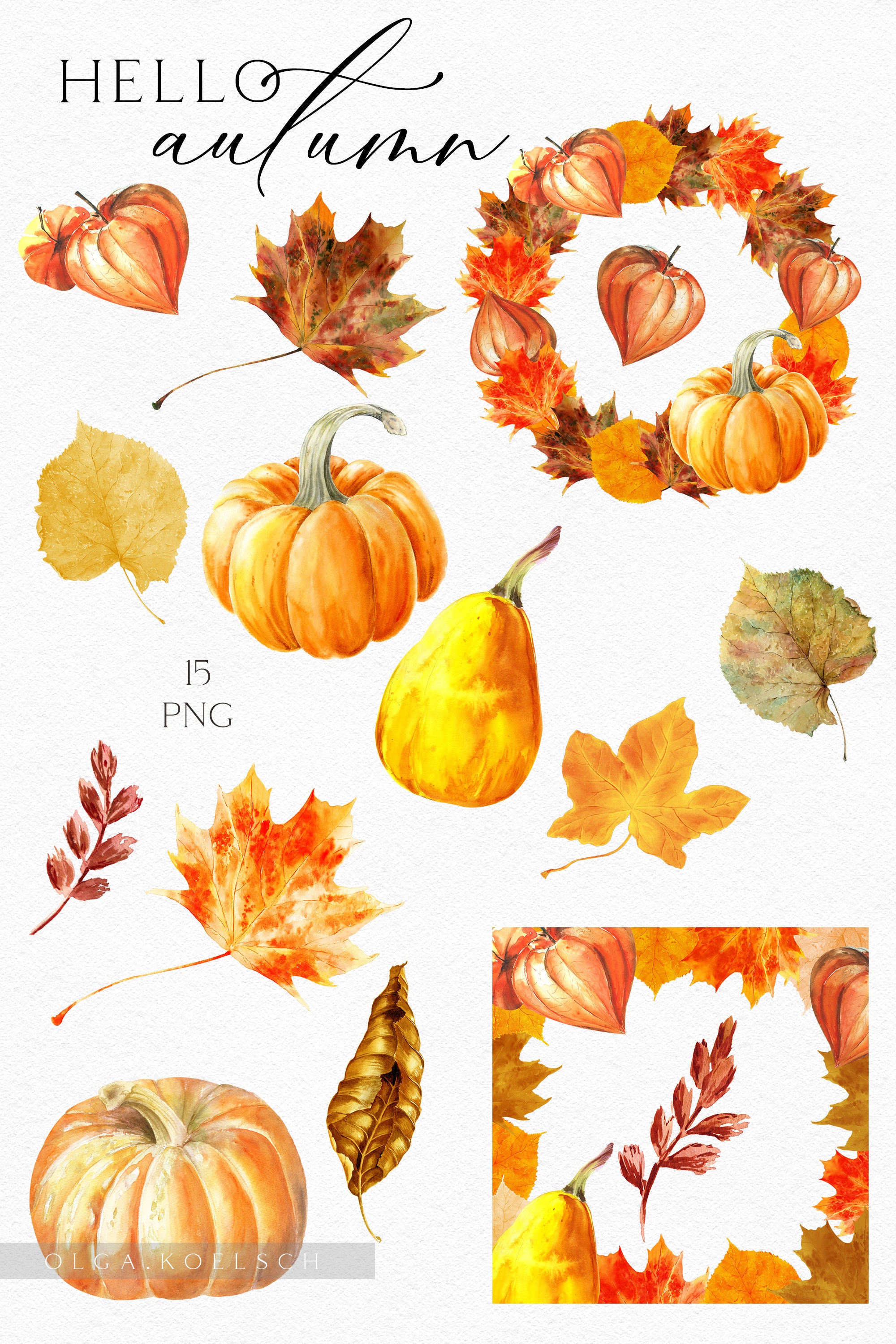 Watercolor Pumpkin Clipart Fall Wreath Thanksgiving Clipart | Etsy