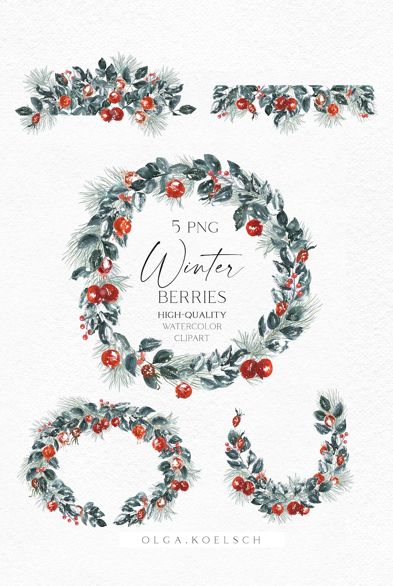 Watercolor Winter Wreath Clipart Red Berries and Greenery - Etsy