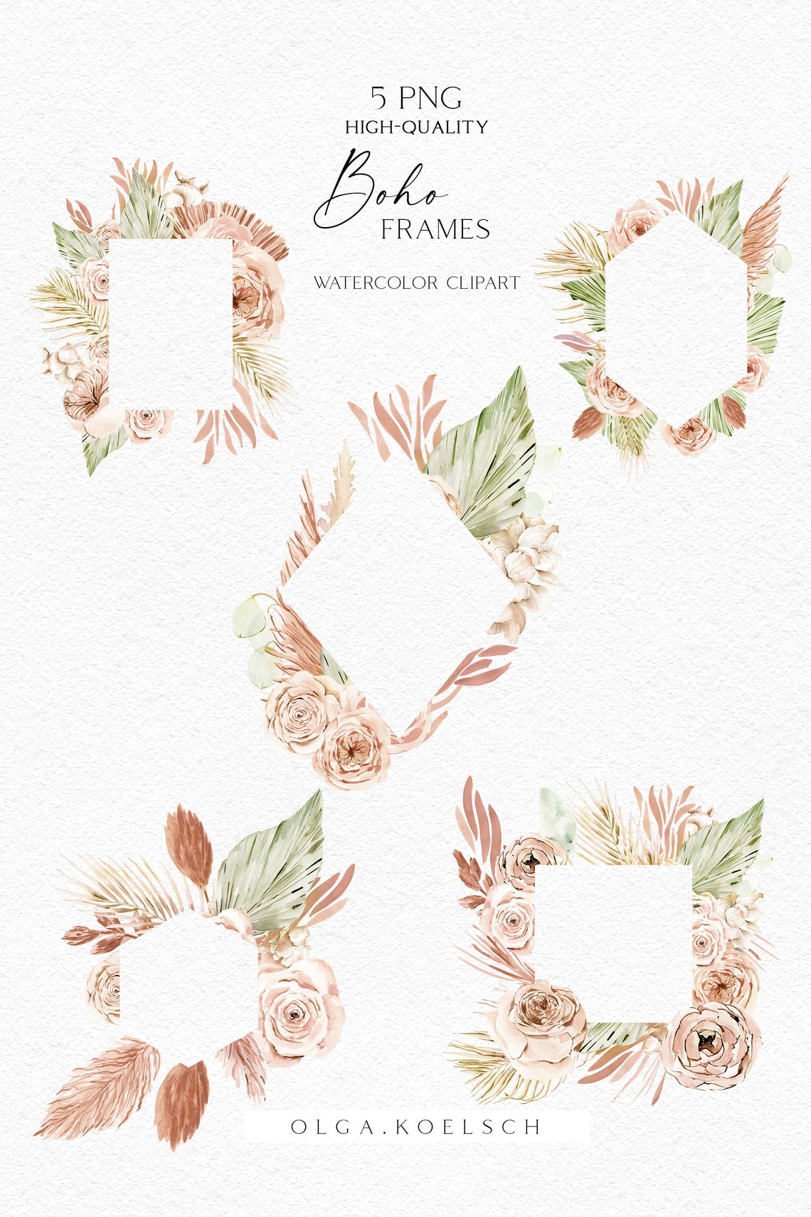 Watercolor Boho Floral Frame Dried Flower Logo Png Tropical - Etsy