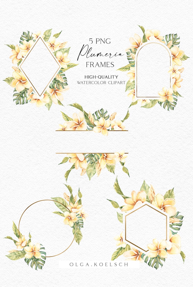 Boho Gold Frame Clipart, Watercolor Plumeria Tropical Leaves, Yellow ...