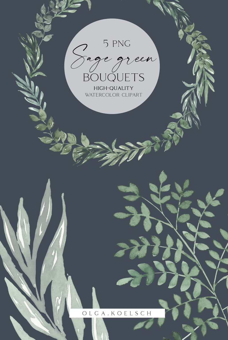 Watercolor Greenery Clipart Sage Green Leaves Png Gold and - Etsy