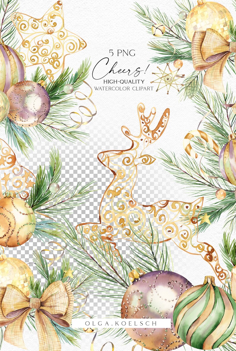 Gold Christmas Ornaments Clipart, Watercolor Hand-painted Elements for ...
