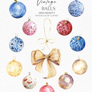 Christmas Baubles Clipart, Watercolor Christmas Vintage Ornaments Png ...