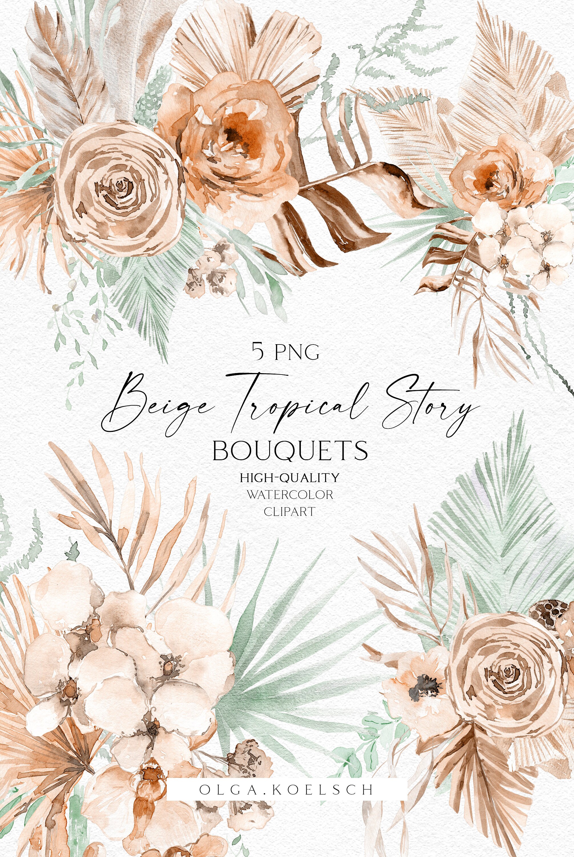 Watercolor Boho Dried Flower Clipart, Palm Boho Roses Bouquets Png ...