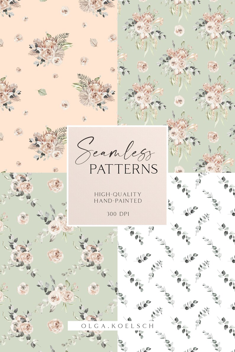 Boho Roses Seamless Pattern for Fabric, Watercolor Protea Digital Paper ...