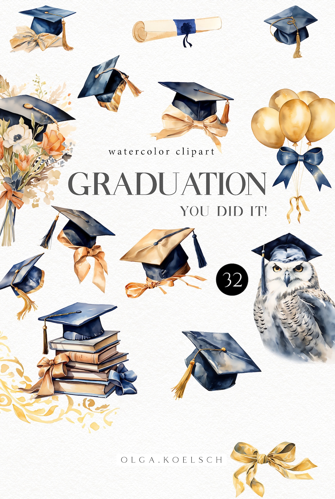 Graduation Clipart, Watercolor Graduation Clip Art. Grad Cap, Diploma ...