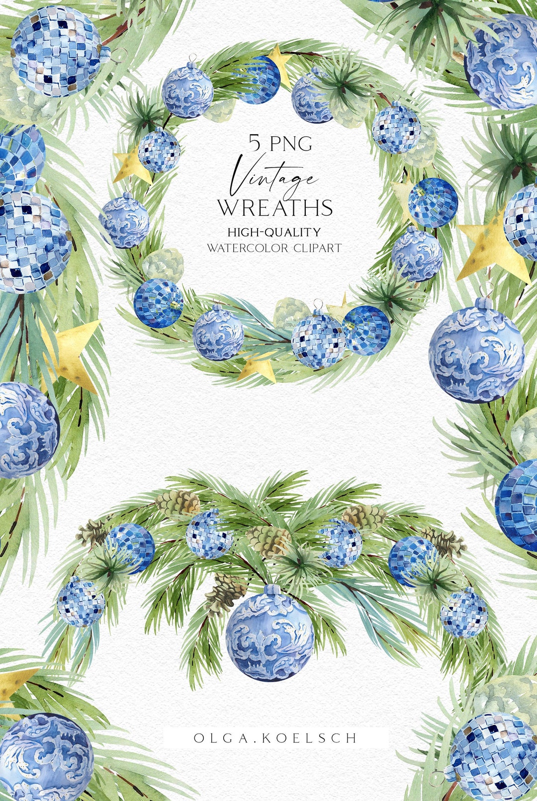 Christmas Wreath Clipart, Watercolour Vintage Blue Christmas Decor Png ...