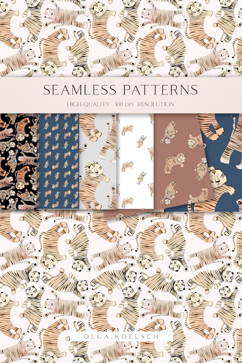 Boho Tiger Digital Paper. Watercolor Tigers Seamless Pattern for Fabric ...