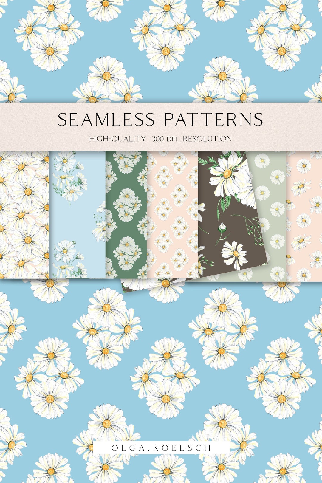 Watercolor Daisy Digital Paper, Boho Daisies Seamless Pattern for ...