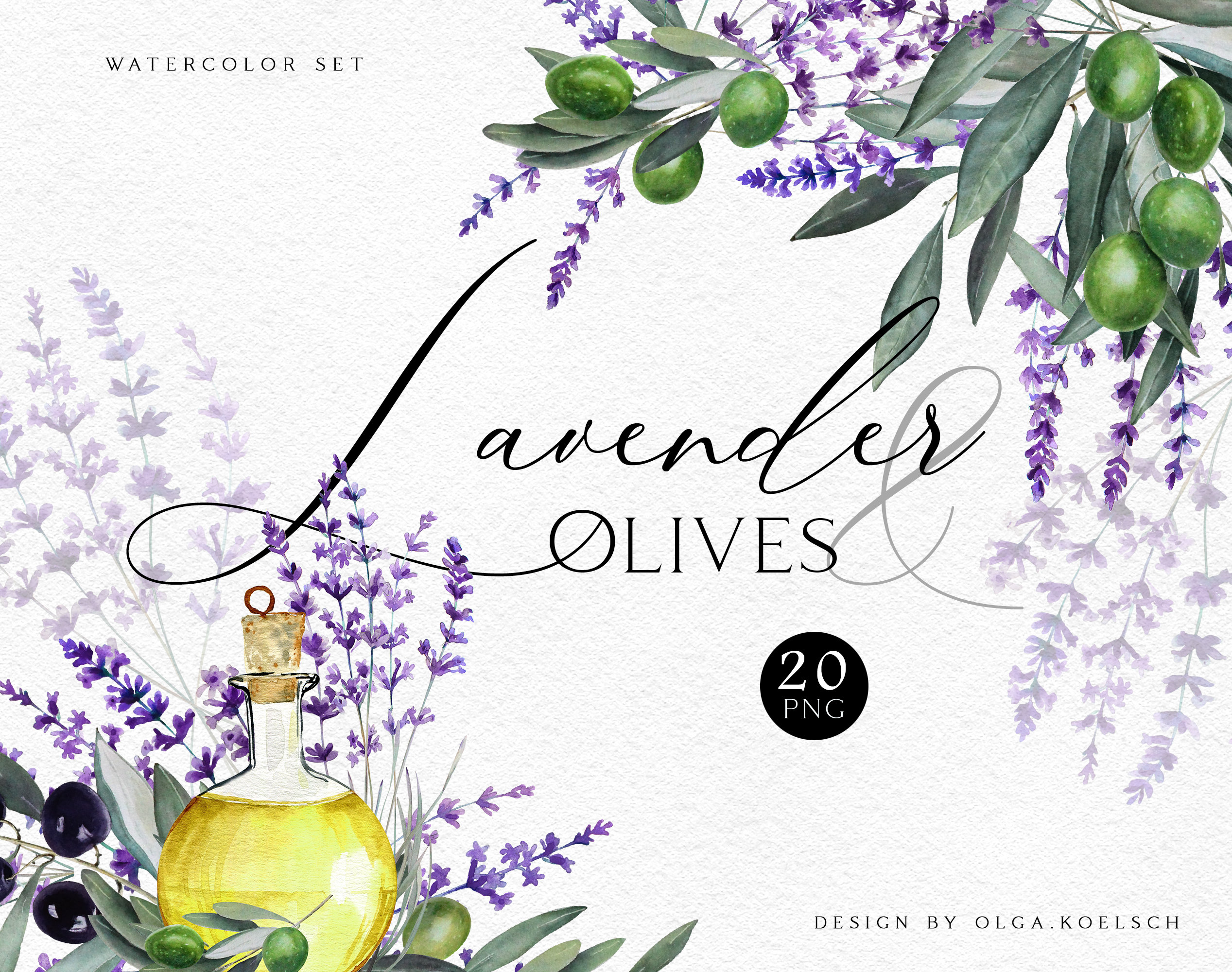Lavender Watercolor Clipart Olive Leaves Png Provence | Etsy
