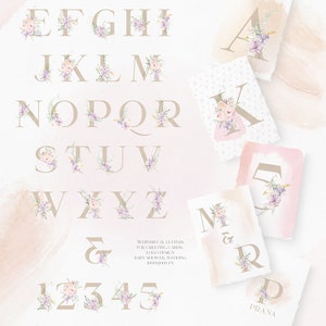 Boho Pastel Wedding Alphabet Clipart, Watercolor Pink and Purple Floral ...