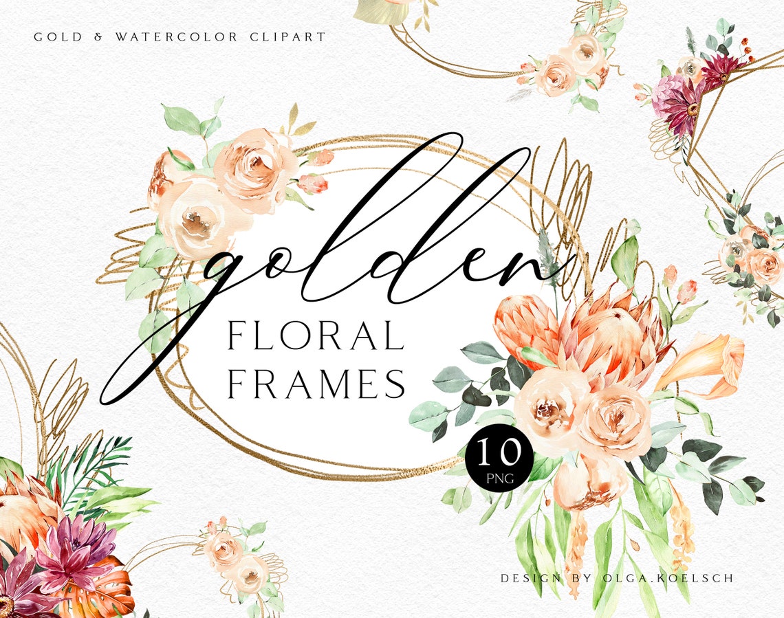 Watercolor Gold Frame Clipart. Boho Floral Border Png With - Etsy