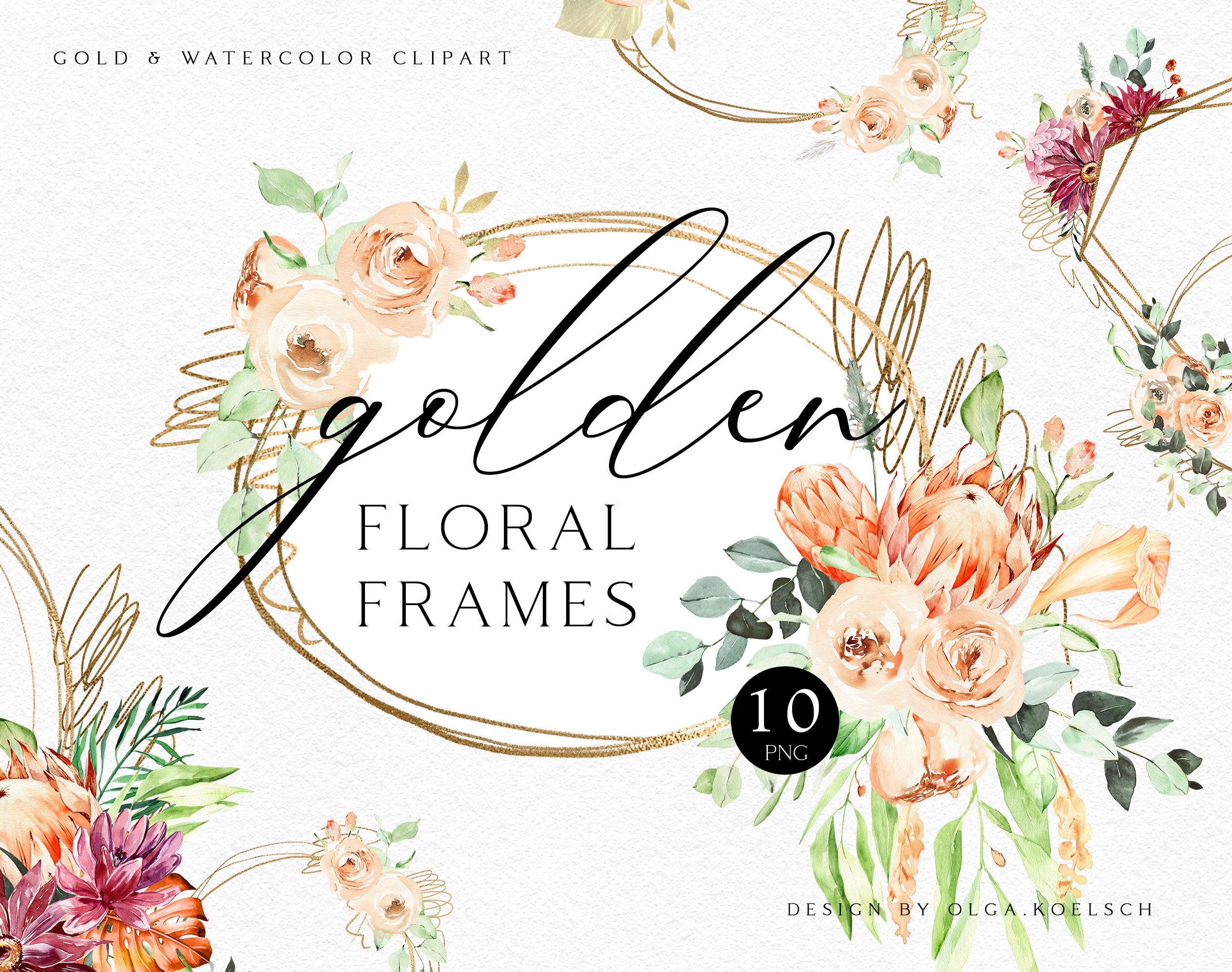 Watercolor Gold Frame Clipart. Boho Floral Border Png With - Etsy