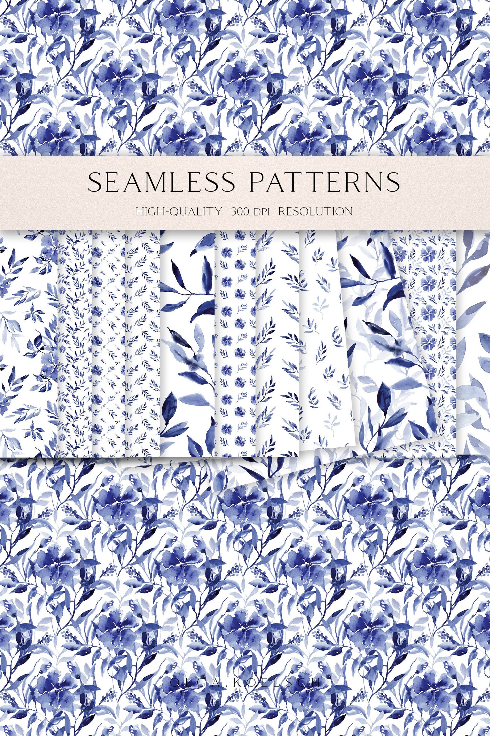 Blue Floral Seamless Pattern Fabric Watercolor Navy Blue - Etsy