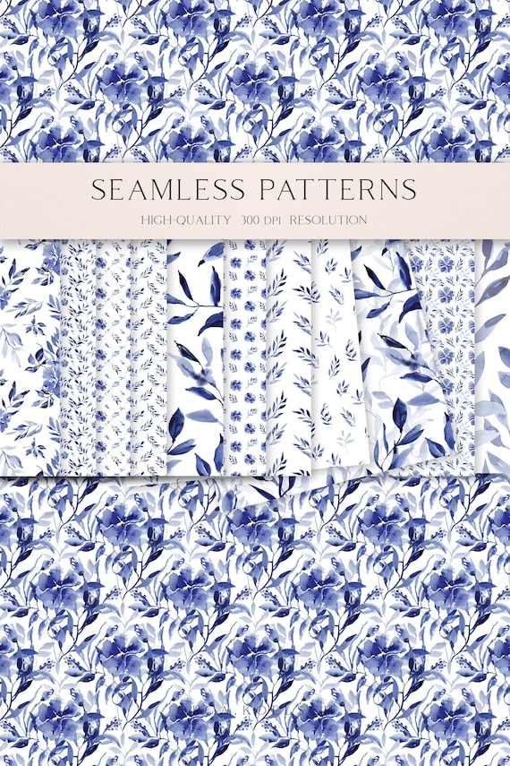 Blue Floral Seamless Pattern Fabric Watercolor Navy Blue - Etsy