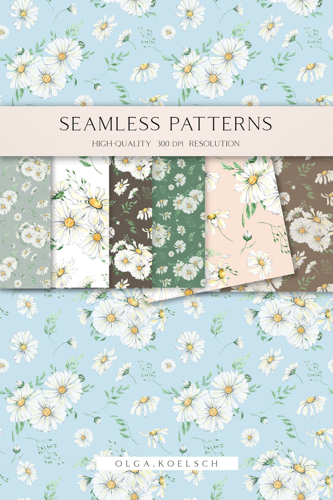 Boho Daisy Digital Paper, Daisies Seamless Pattern for Fabric, White ...