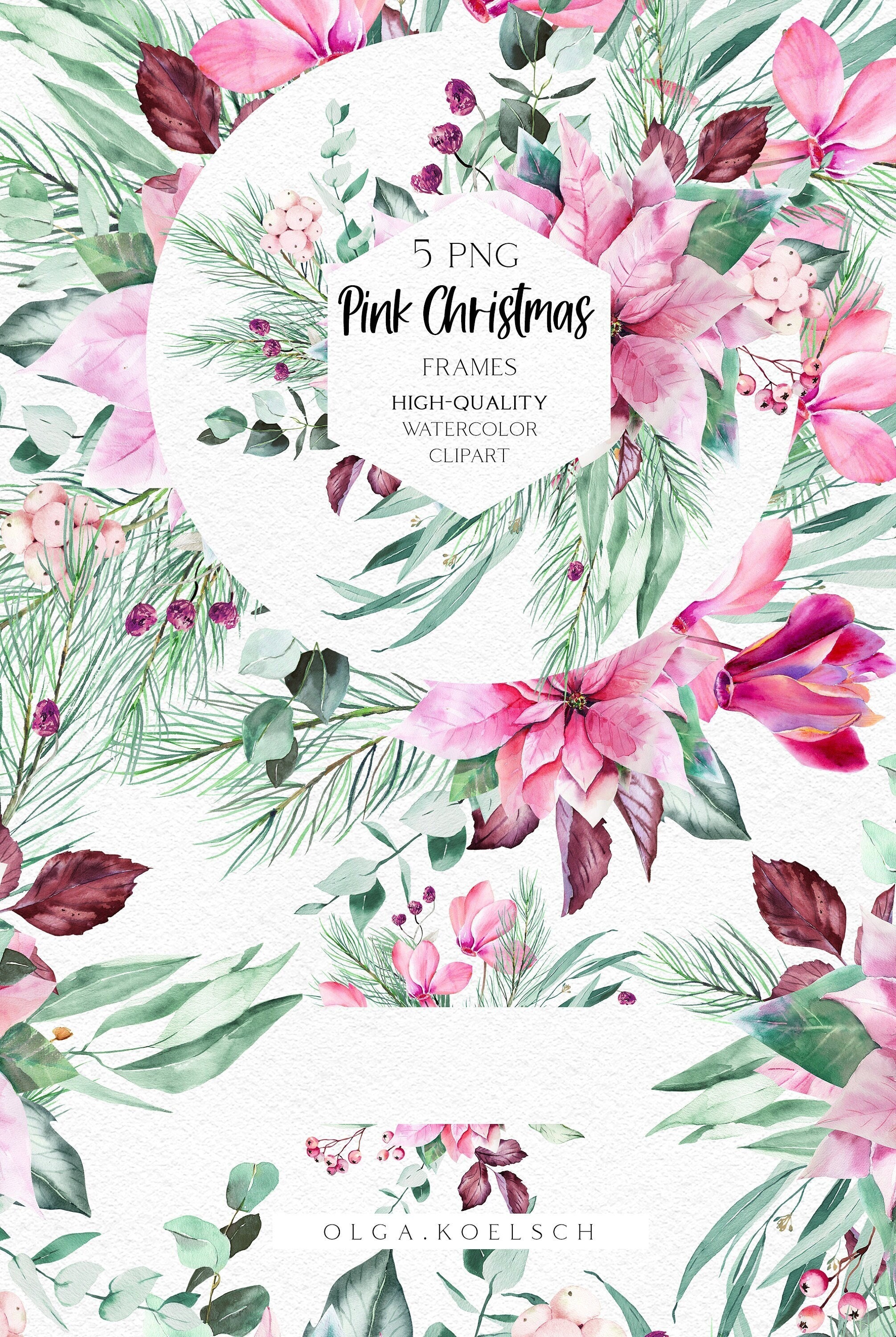 Watercolor Pink Christmas Frames Clipart Pink Poinsettia | Etsy