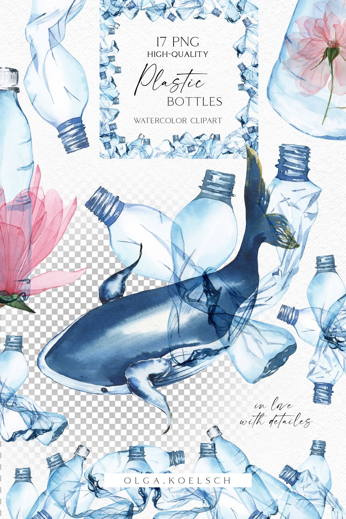 Watercolor Ecology Clipart, Plastic Bottles Clipart for Earth Day ...