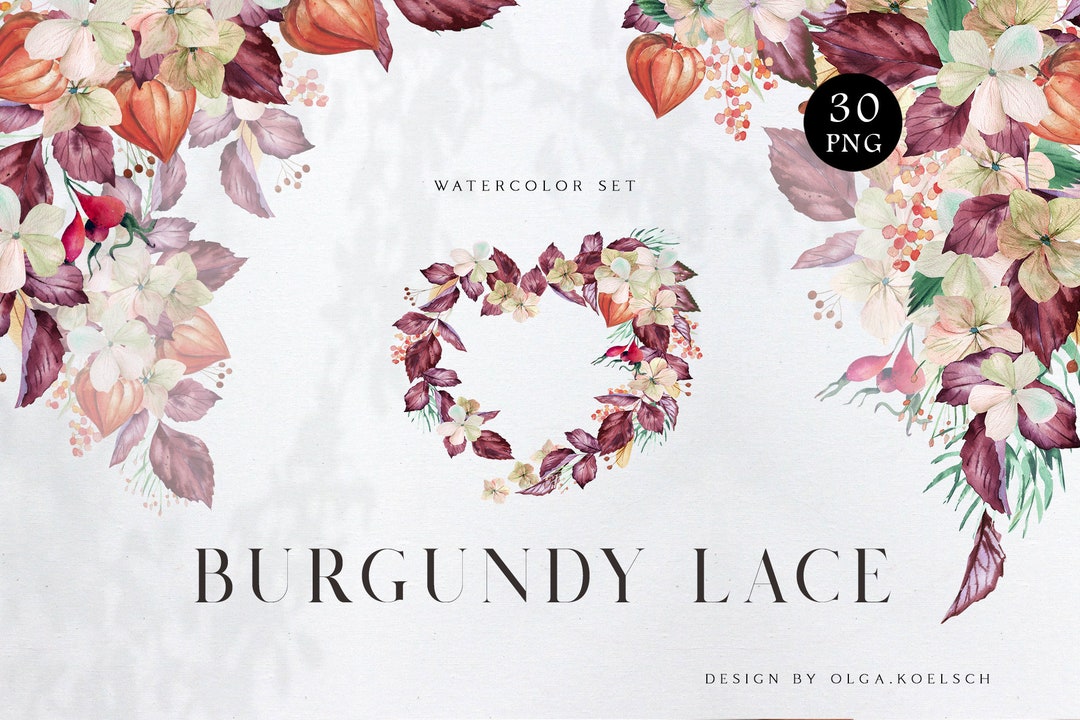 Watercolor Burgundy Bouquet Clipart. Autumn Wreath Png. Floral Borders ...
