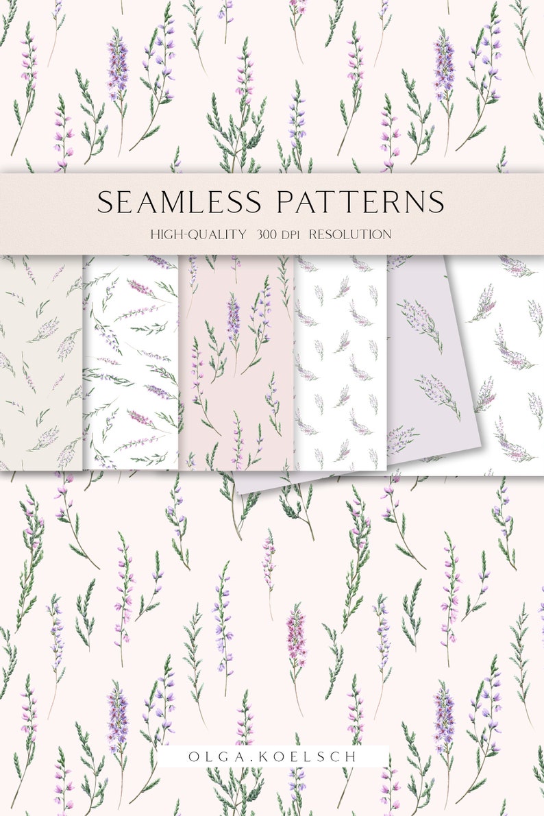 Watercolor Heather Pattern, Lavender Watercolor Digital Paper, Flower ...