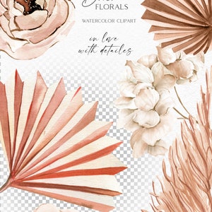 Watercolor Boho Dried Flower Clipart, Palm Boho Roses Bouquets Png ...