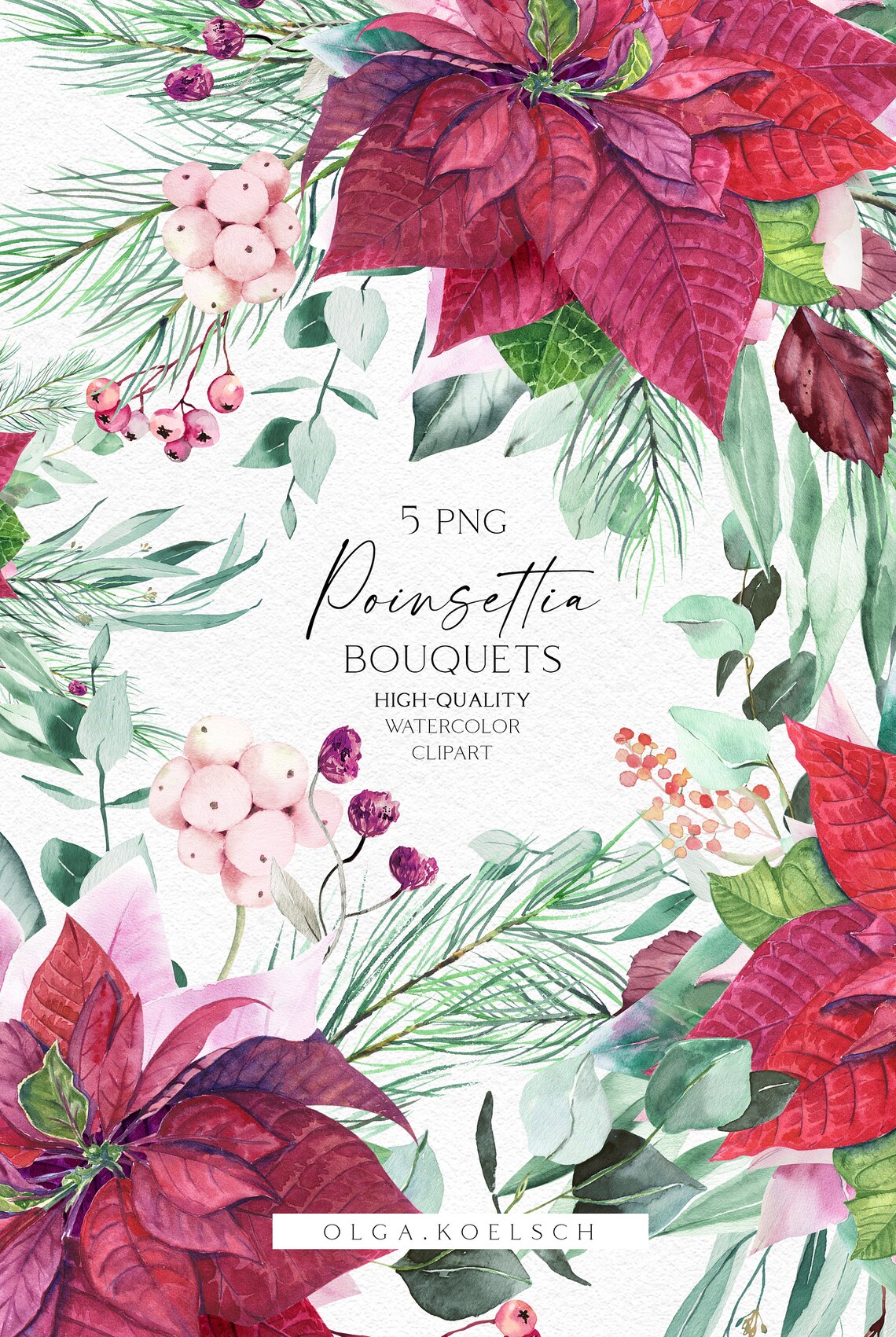Watercolor Red Poinsettia Bouquet Clipart, Red Christmas Floral Clipart ...