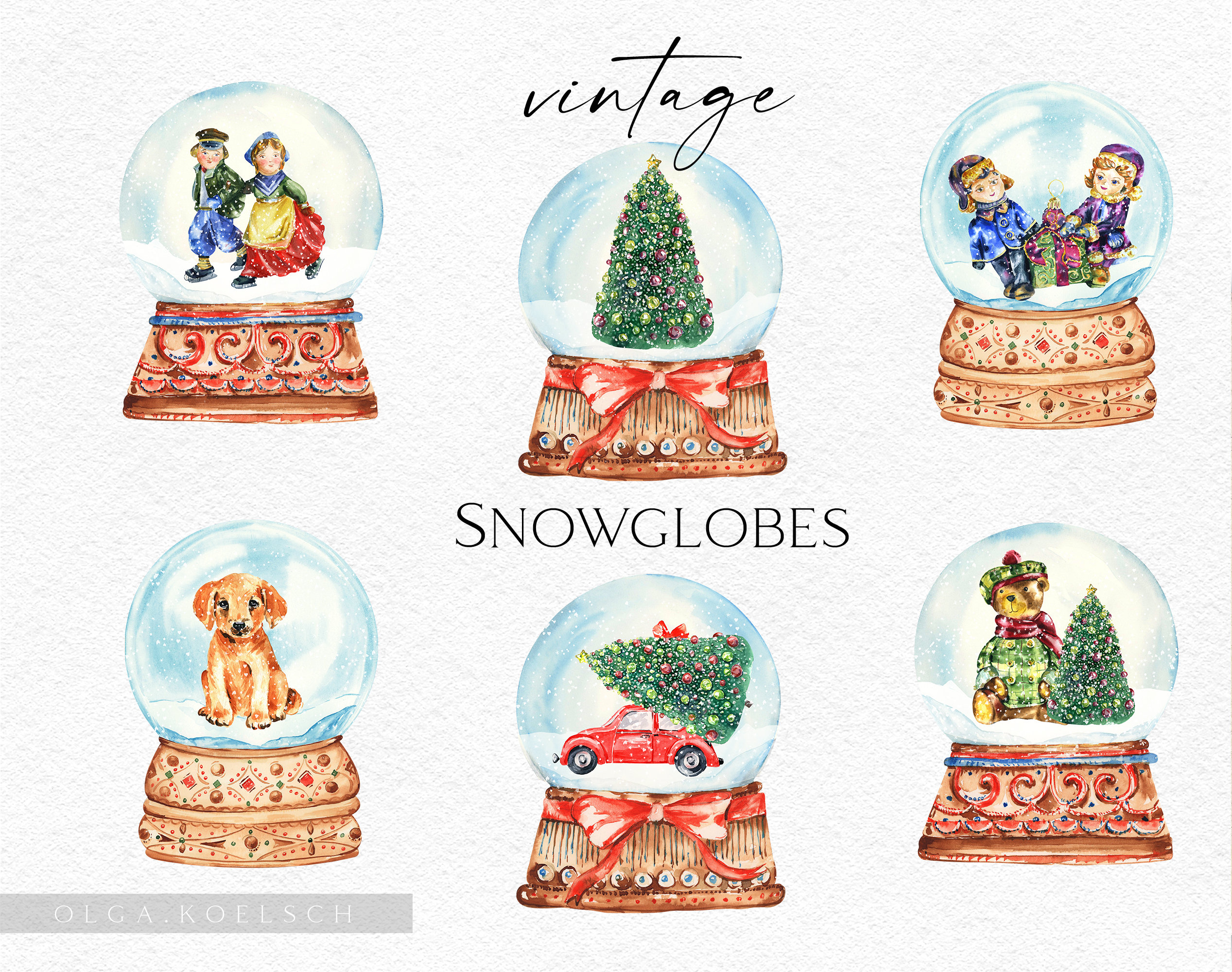 Watercolor Christmas Snow Globe Clipart Vintage Christmas Diy | Etsy
