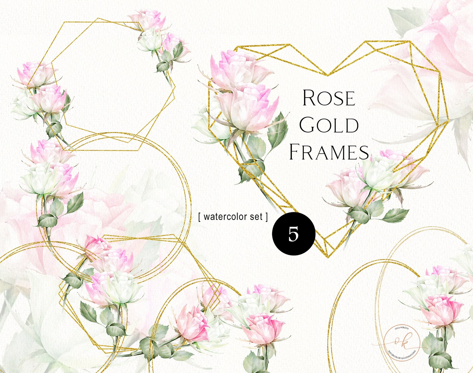 Watercolor Rose Clipart: Pink Flowers, Gold Frames (DIY PNG) - Etsy