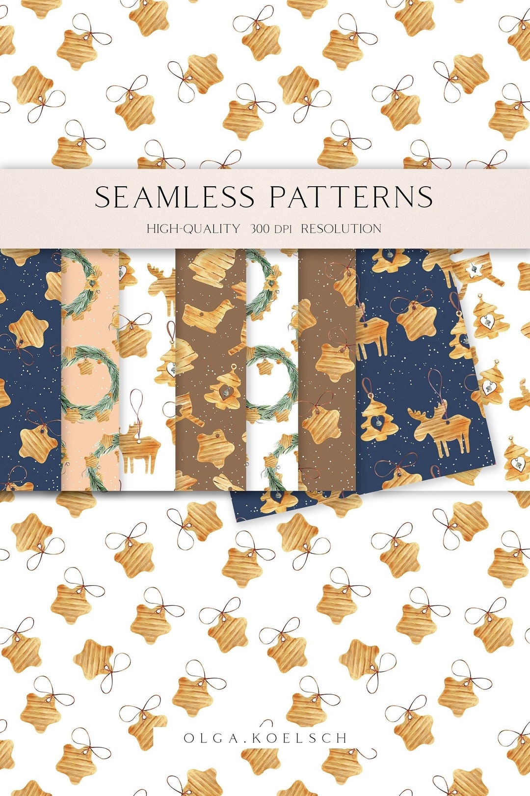 Boho Christmas Seamless Pattern Fabric, Watercolor Natural Digital ...