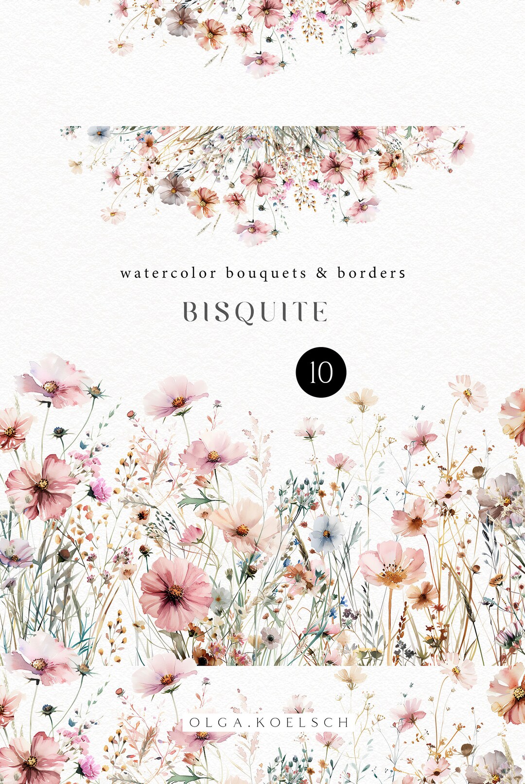 Watercolor Floral Border Clipart, Pastel Pink Wildflowers Daisy ...