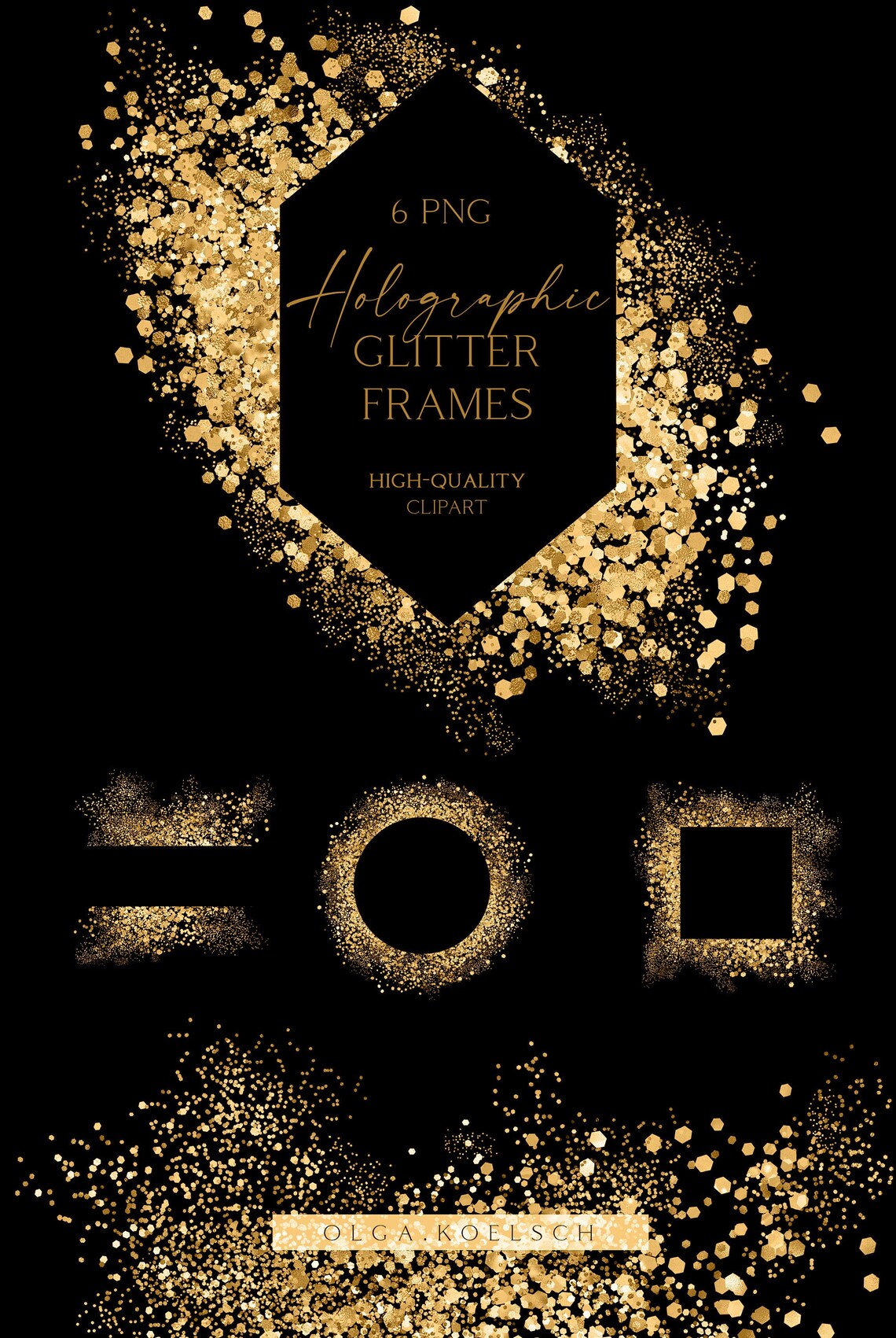 Gold Glitter Holographic Digital Frames, Golden Falling Glitter Borders ...