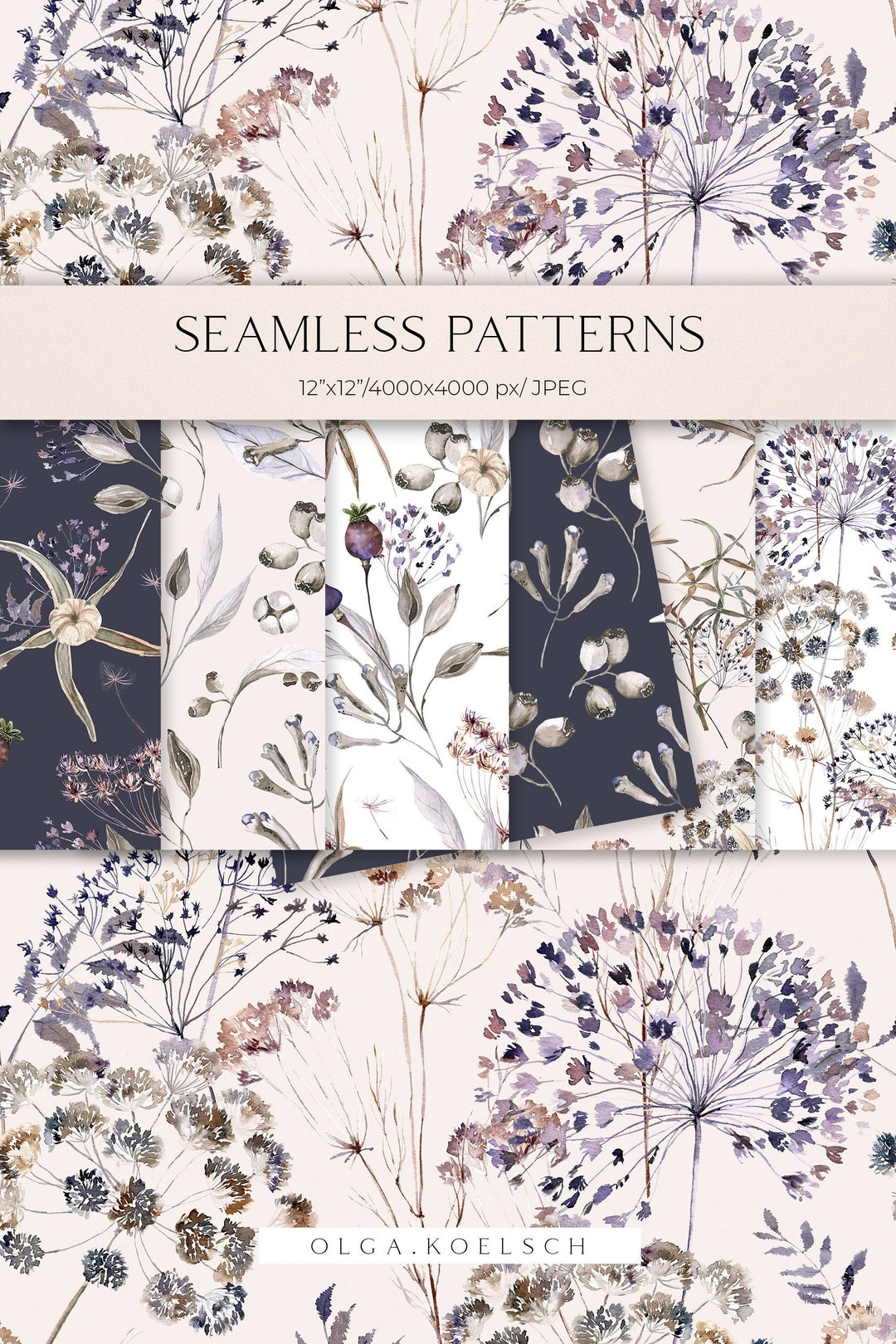Boho Flowers Watercolor Digital Paper, Flower Seamless Pattern for ...