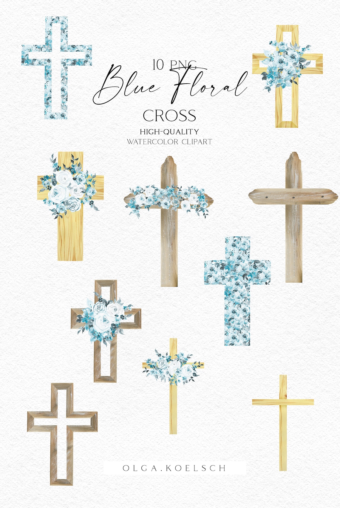 Watercolor Blue Floral Cross Clipart Religious Easter | Etsy