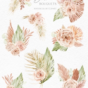Watercolor Boho Dried Flower Clipart, Palm Boho Roses Bouquets Png ...