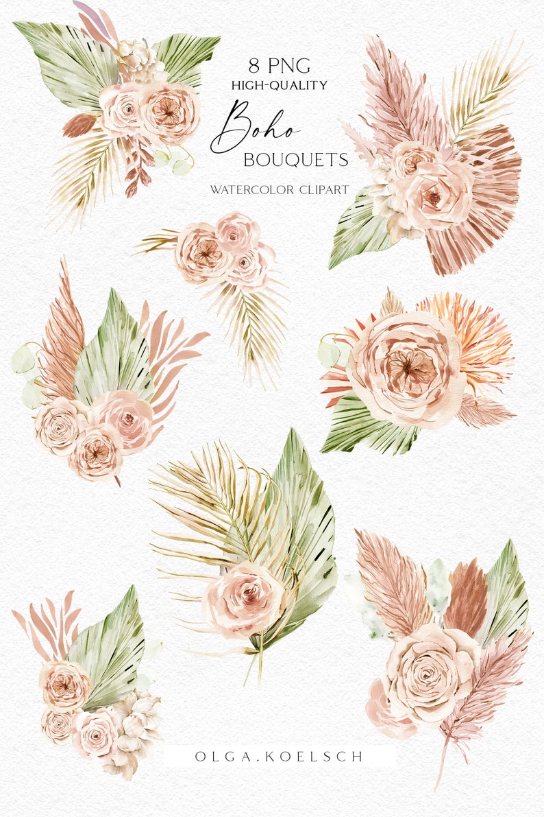 Watercolor Boho Dried Flower Clipart Palm Boho Roses Bouquets - Etsy