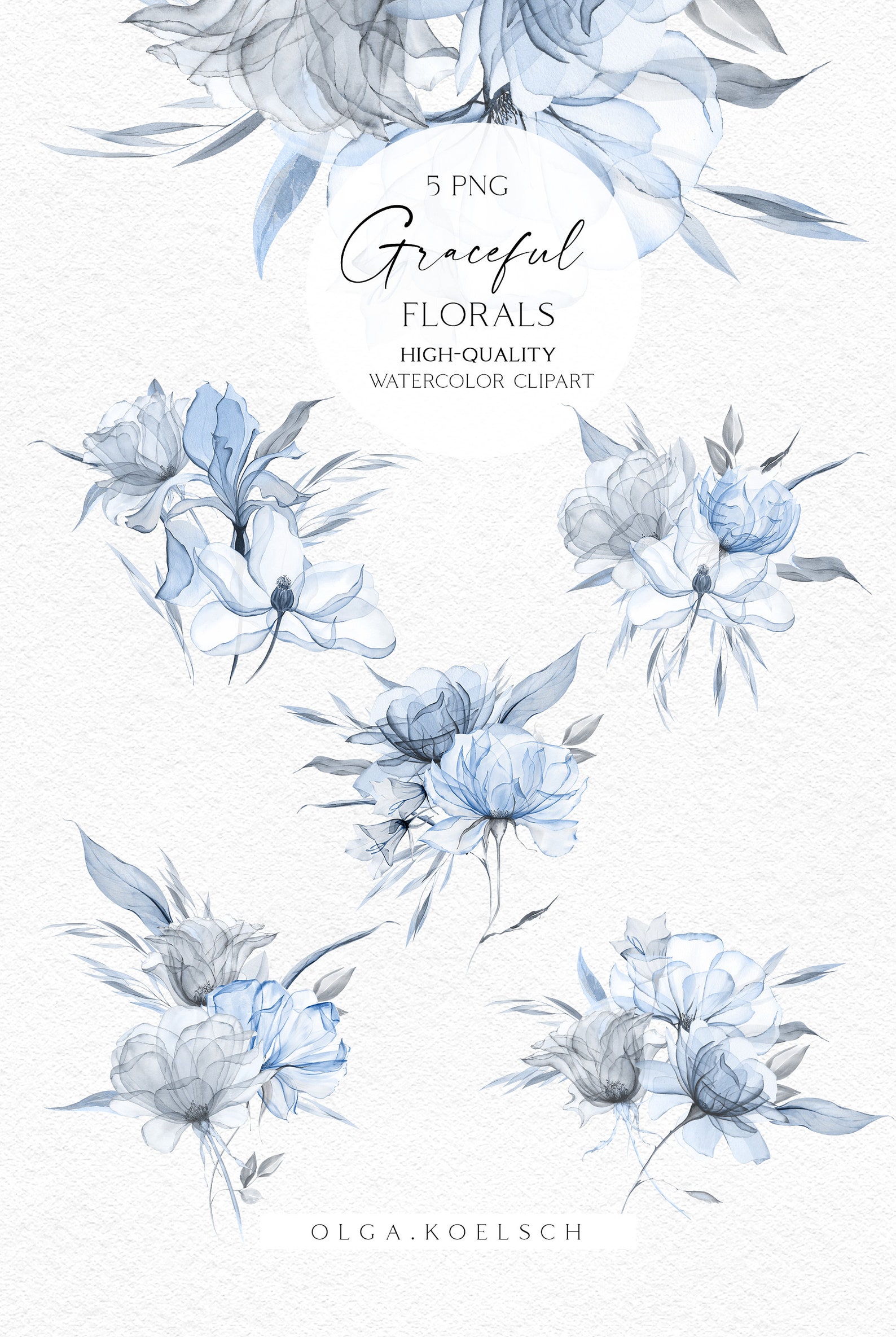 Dusty Blue Floral Clipart Boho Navy Blue Bouquet Watercolor - Etsy