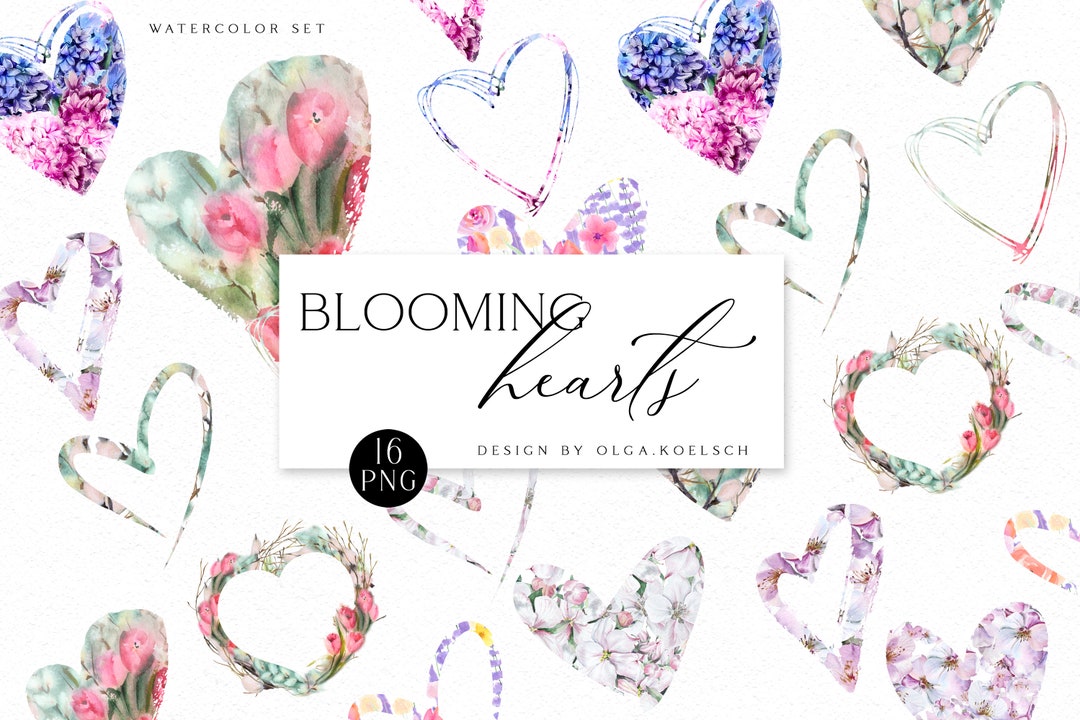 Watercolor Floral Mother's Day Clipart, Hand-painted Hearts for Card ...