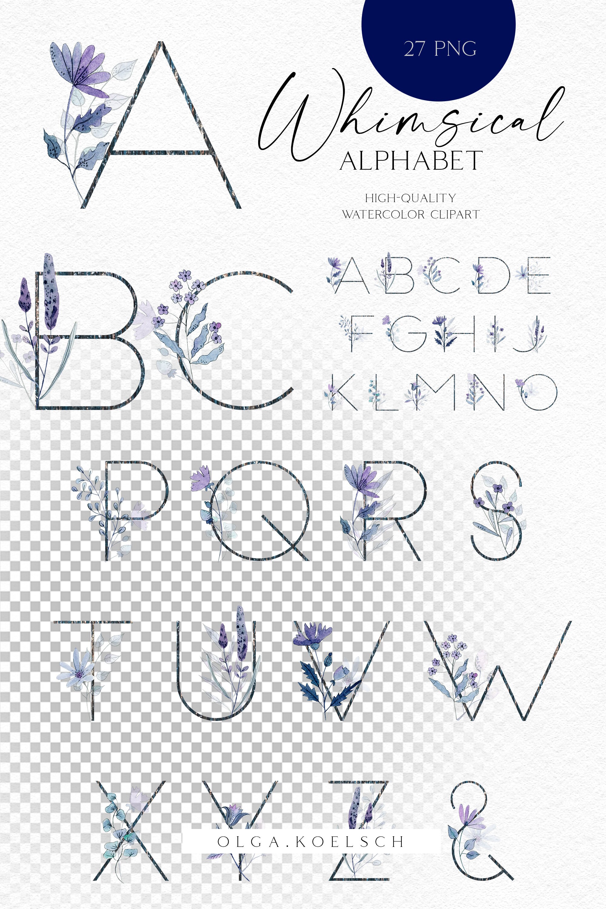 Navy Blue Alphabet Clipart, Winter Floral Watercolor Dusty Blue Floral ...