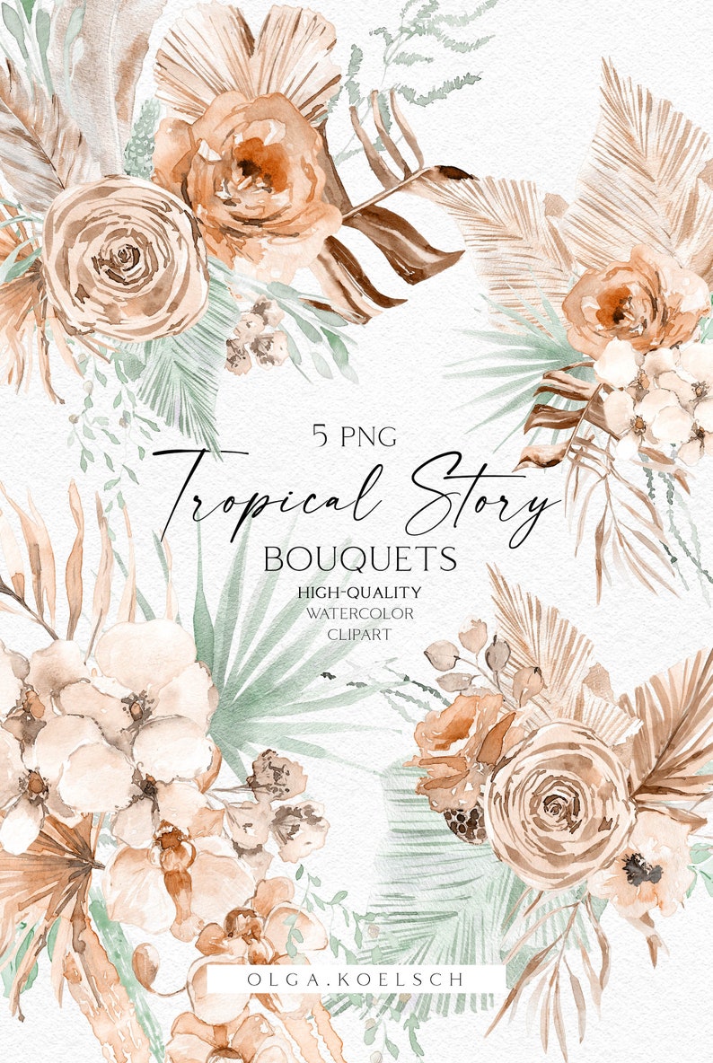 Watercolor Boho Dried Flower Clipart, Palm Boho Roses Bouquets Png ...