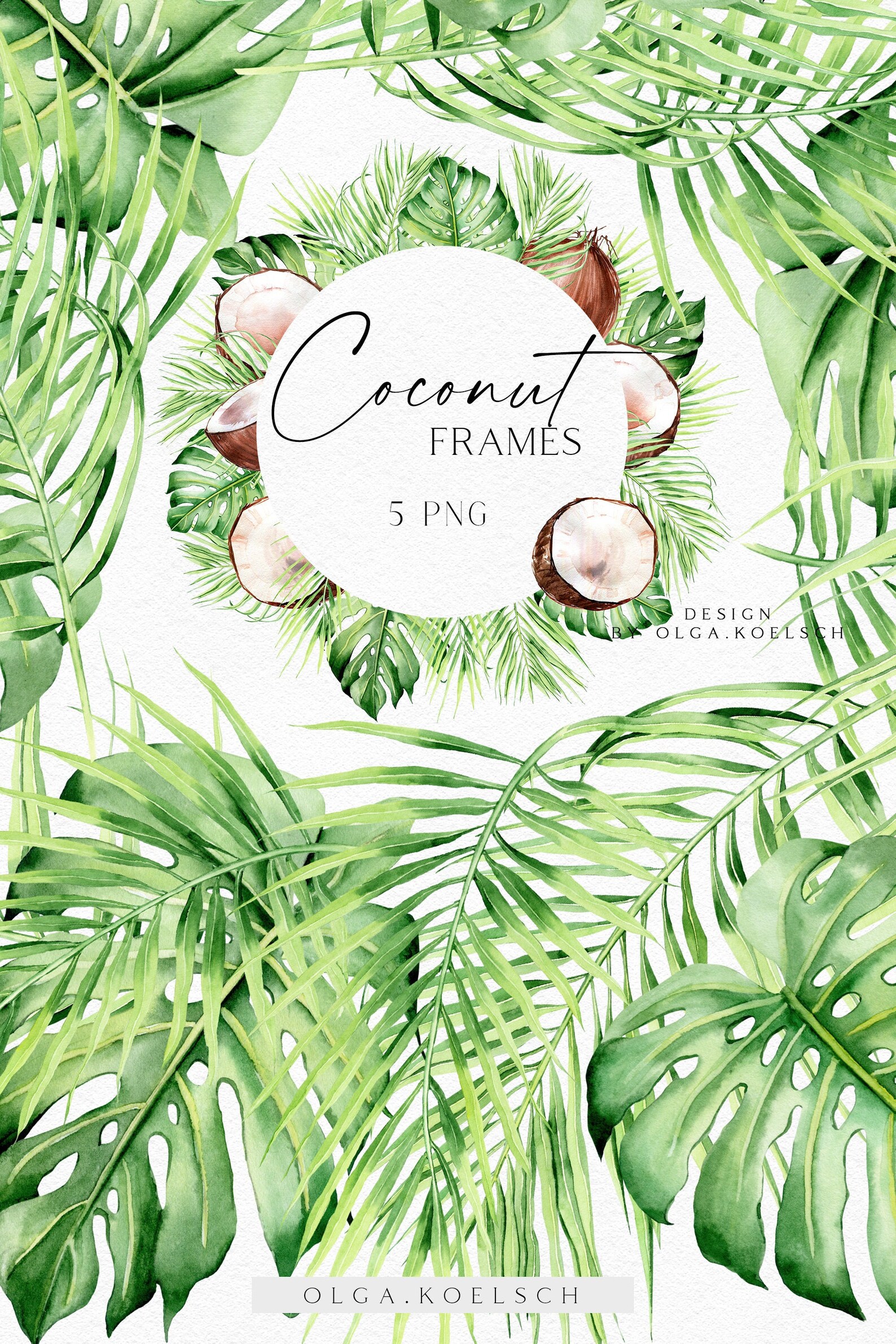 Watercolor coconut clipart Jungle leaves frames coconut | Etsy