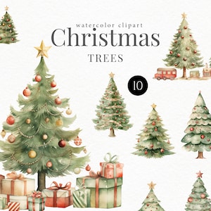 Watercolor Christmas Tree Clipart, Retro Christmas Png for Greetings ...