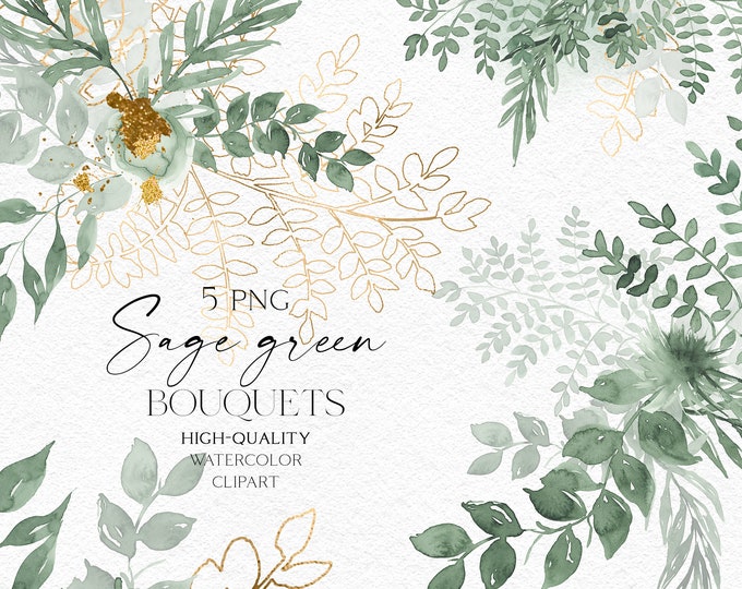 Watercolor Greenery Clipart Sage Green Bouquet Png Gold and - Etsy
