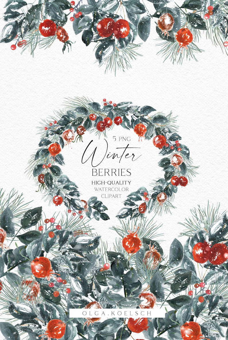 Watercolor Winter Wreath Clipart Red Berries and Greenery - Etsy